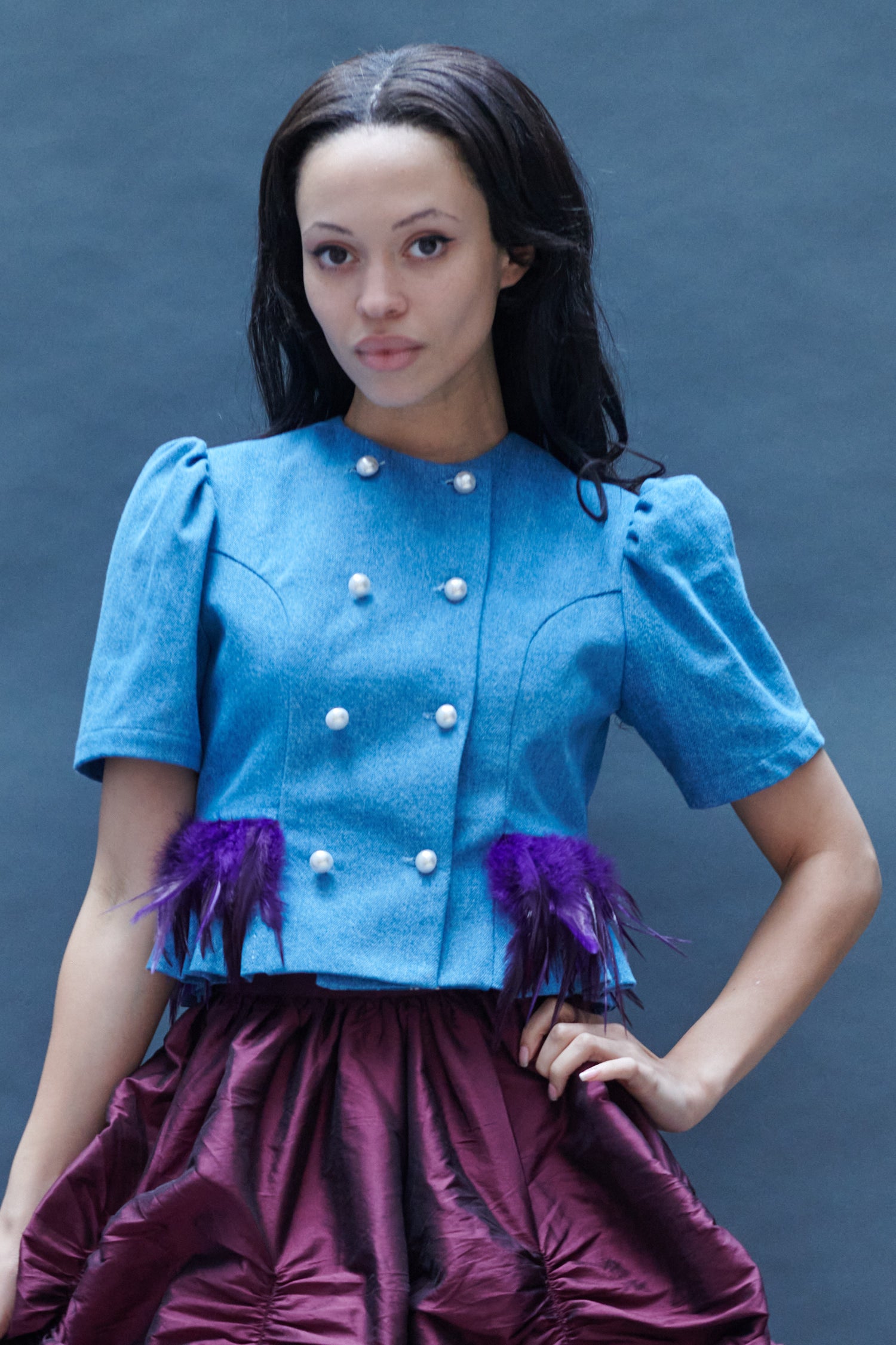 Eva Jacket in Denim with Feathers – BATSHEVA